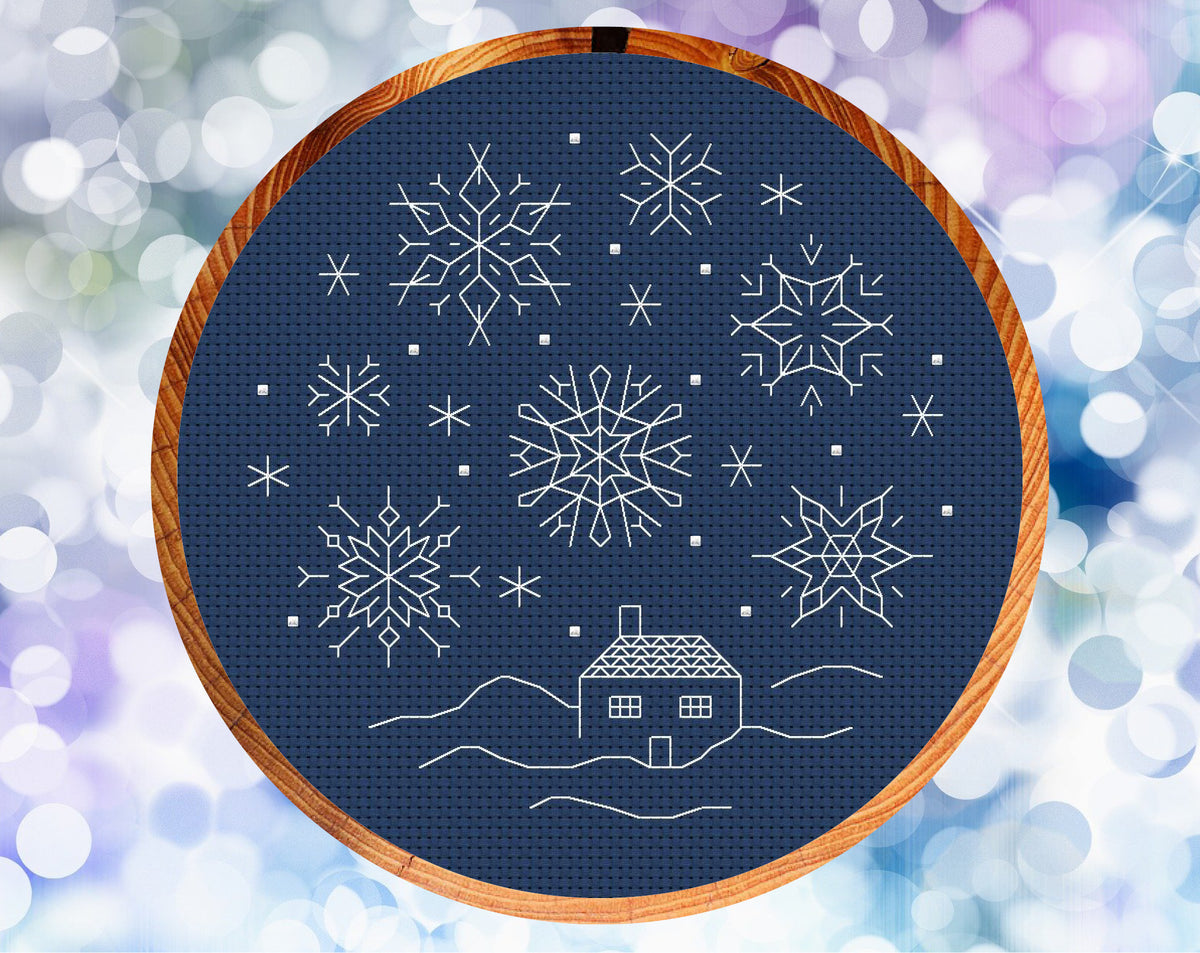 Blackwork Snow Scene cross stitch pattern – Climbing Goat Designs